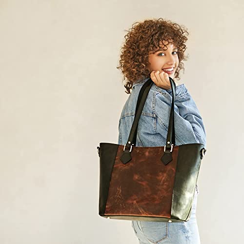 S-ZONE Vintage Genuine Leather Shoulder Bag Work Totes for Women Purse Handbag with Back Zipper Pocket Large