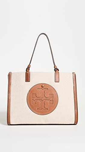 Tory Burch Women's Ella Canvas Small Tote, Natural/Classic Cuoio, Off White, One Size