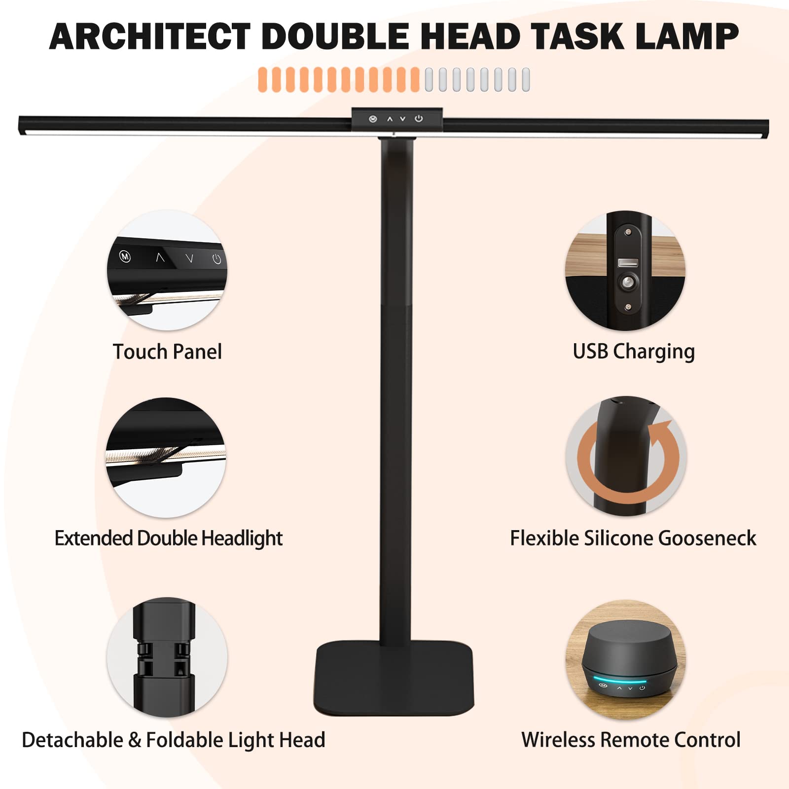 HAMOPY Desk Light, 24W Architect Desk Lamp with USB Charging Port, 2-in-1 Clamp Lamp & Desk Lamp for Home Office, Desk Light with Flexible Gooseneck, 5 Colors & 7 Brightness, Remote Control, Timer