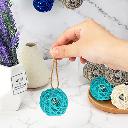 DomeStar Rattan Ball with Jingle Bell, 24PCS Wicker Ring Balls 2 Inches Natural Decorative Wicker Rattan Balls Orbs Vase Fillers Blue, White, Grey and Cerulean