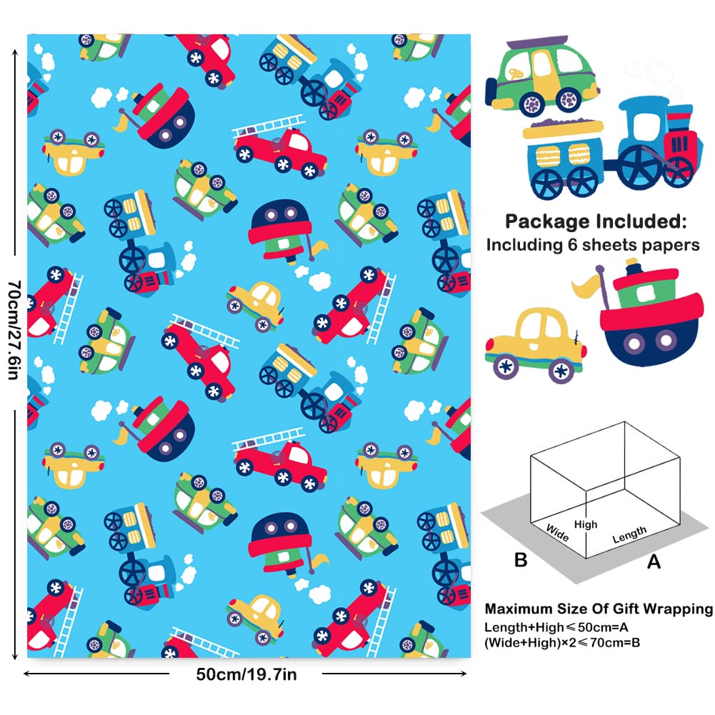 Geluode Birthday Wrapping Paper for Boys Men Kids, Cartoon Car Red Fire Trucks Boat Transport Blue Wrapping Paper 6 Sheets 20x28 Inches Per Sheet