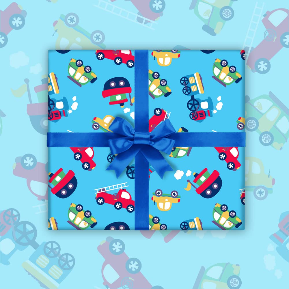 Geluode Birthday Wrapping Paper for Boys Men Kids, Cartoon Car Red Fire Trucks Boat Transport Blue Wrapping Paper 6 Sheets 20x28 Inches Per Sheet