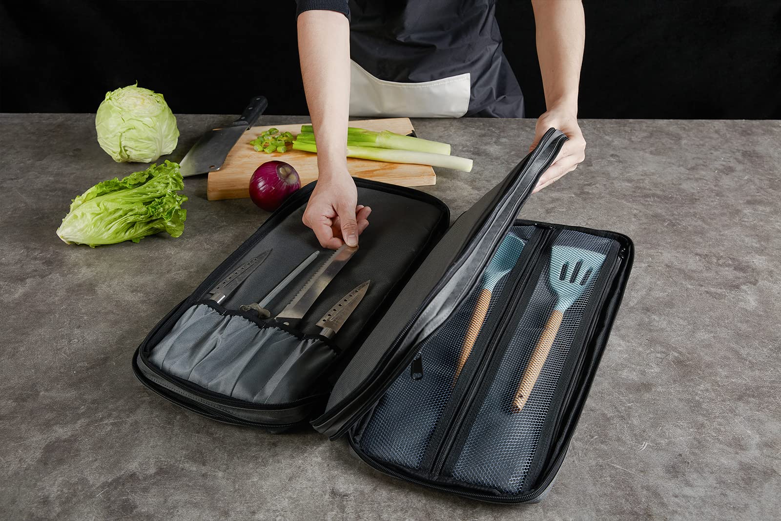 Chef Knife Roll Bag, 16 Pockets Large Knife Case Bag, Durable Oxford Cloth Culinary Bag, Executive Zipped Compartments Chef Knife Carrier Bag for Traveling, Working, Camping - Knifes not Included