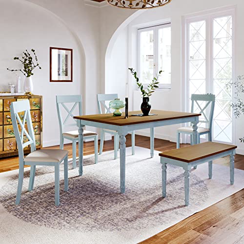 Harper & Bright Designs 6 Pieces Dining Table Set, Kitchen Table Set with Wood Dining Table, Bench and 4 Padded Dining Chairs, Walnut Top+ Light Blue Frame+Beige Seat
