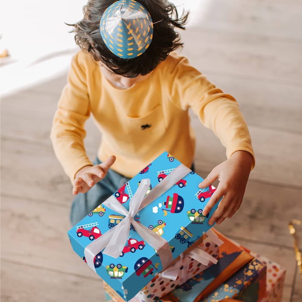 Geluode Birthday Wrapping Paper for Boys Men Kids, Cartoon Car Red Fire Trucks Boat Transport Blue Wrapping Paper 6 Sheets 20x28 Inches Per Sheet