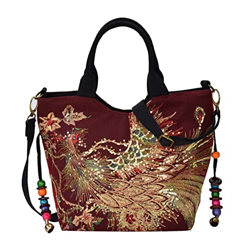 JMKQLZ Women Canvas Tote Bags Phoenix Sequins Embroidery Handbags Stylish Casual Shoulder Bags Vintage Decorative Pendants (Red)