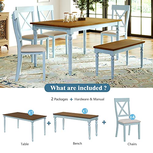 Harper & Bright Designs 6 Pieces Dining Table Set, Kitchen Table Set with Wood Dining Table, Bench and 4 Padded Dining Chairs, Walnut Top+ Light Blue Frame+Beige Seat
