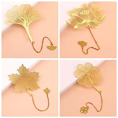SAVITA 4 Pcs Metal Bookmarks with Chain, Hollow Leaf Bookmark with Lotus Ginkgo Maple Four-Leaf Clover Patterns, Flower Bookmarks for Book Lovers (Golden,4 Styles)