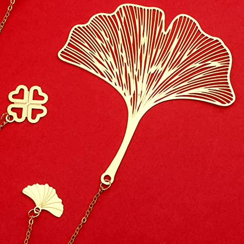 SAVITA 4 Pcs Metal Bookmarks with Chain, Hollow Leaf Bookmark with Lotus Ginkgo Maple Four-Leaf Clover Patterns, Flower Bookmarks for Book Lovers (Golden,4 Styles)