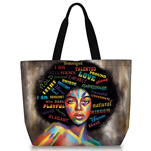 LMSM Woman Beach Tote Bag African American Cute Black Girl Pink Large Casual Shoulder Handbag Travel Bag For Work Travel Business Shopping