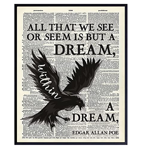 Gothic Edgar Allan Poe Raven Poster - 8x10 Goth Room Decor - Creepy Vintage Wall Art - Gothic Home Decor - Scary Unique Upcycled Dictionary Art Photo Picture Print - Pagan Gifts - Wicca Wiccan