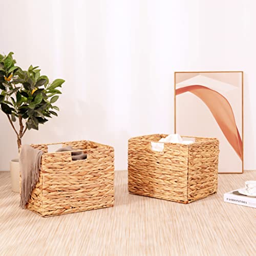 Storage Baskets,Hyacinth Basket For Shelf,Wicker Baskets 13.6x11x11 Inches,Folding 2 Packs Handmade Woven, Seagrass Baskets,Shelf Baskets For Storage Toys Books And Clothes and Other What You Want