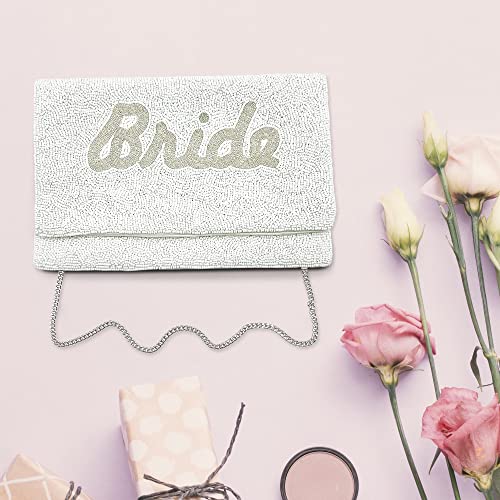 Bride Clutch Purse Bridal Shower Gift for Bride White Purse with Silver Letters THE BEADED LILY White Bride Clutch With Silver Letters