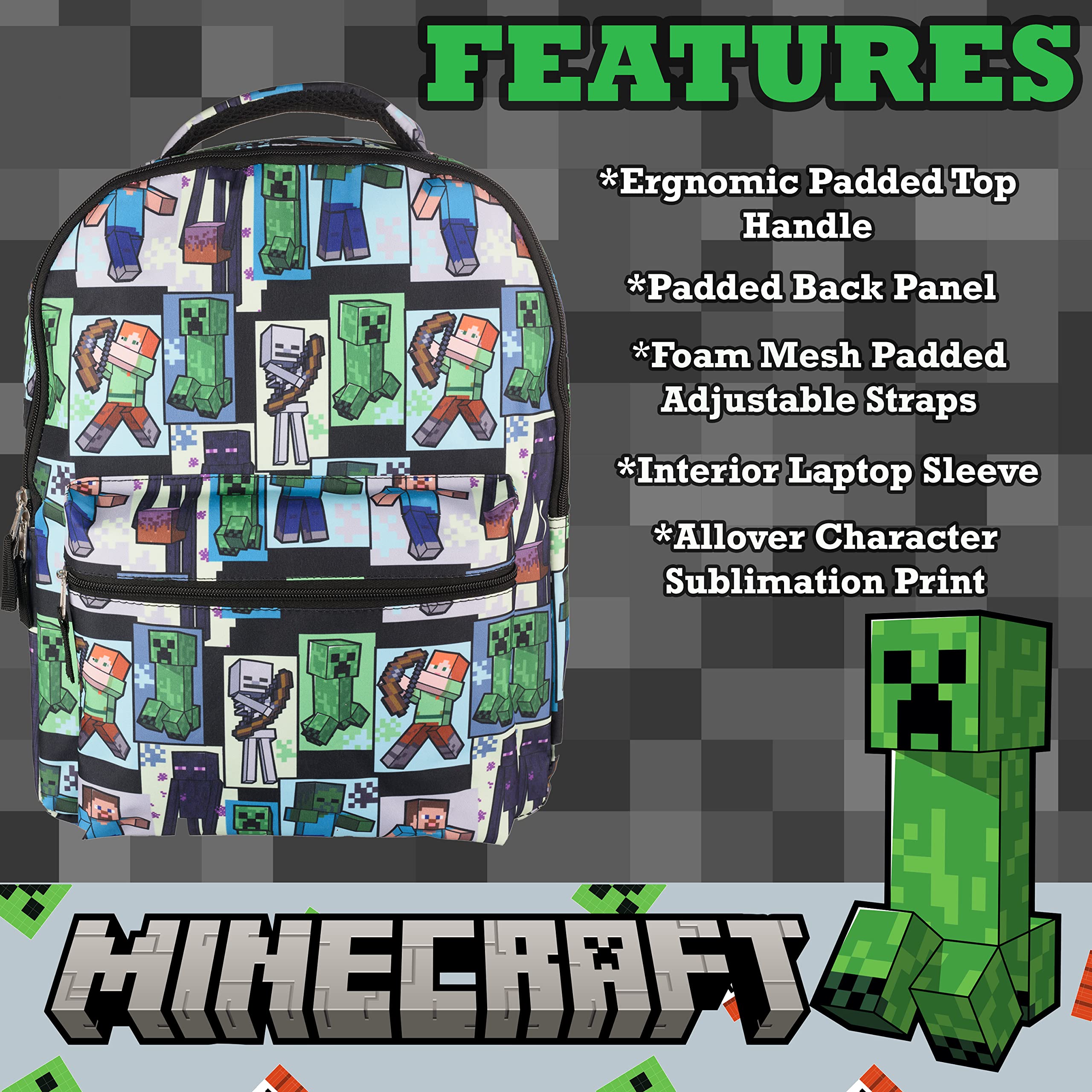 AI ACCESSORY INNOVATIONS Minecraft Backpack for Boys & Girls, School Bag with Front Pocket, Allover Character Print Gaming Bookbag with Adjustable Padded Mesh Straps, Padded Top Handle, 16 Inches