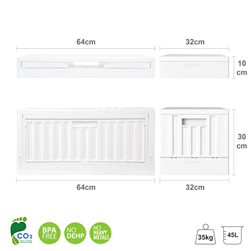 livinbox 45L collapsible storage bins with lids, dust-proof comic books container stackable folding box for Home Office Bedroom Living Room, White, FB-6432S-WT