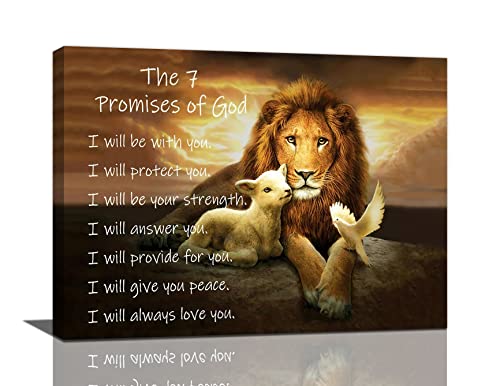 Lion of Judah Wall Art Lion and Lamb Canvas Painting Prints Christian Gifts Religious Wall Decor the 7 Promises of God Motivational Pictures Framed Artwork for Bedroom Living Room Bathroom 16"x12"
