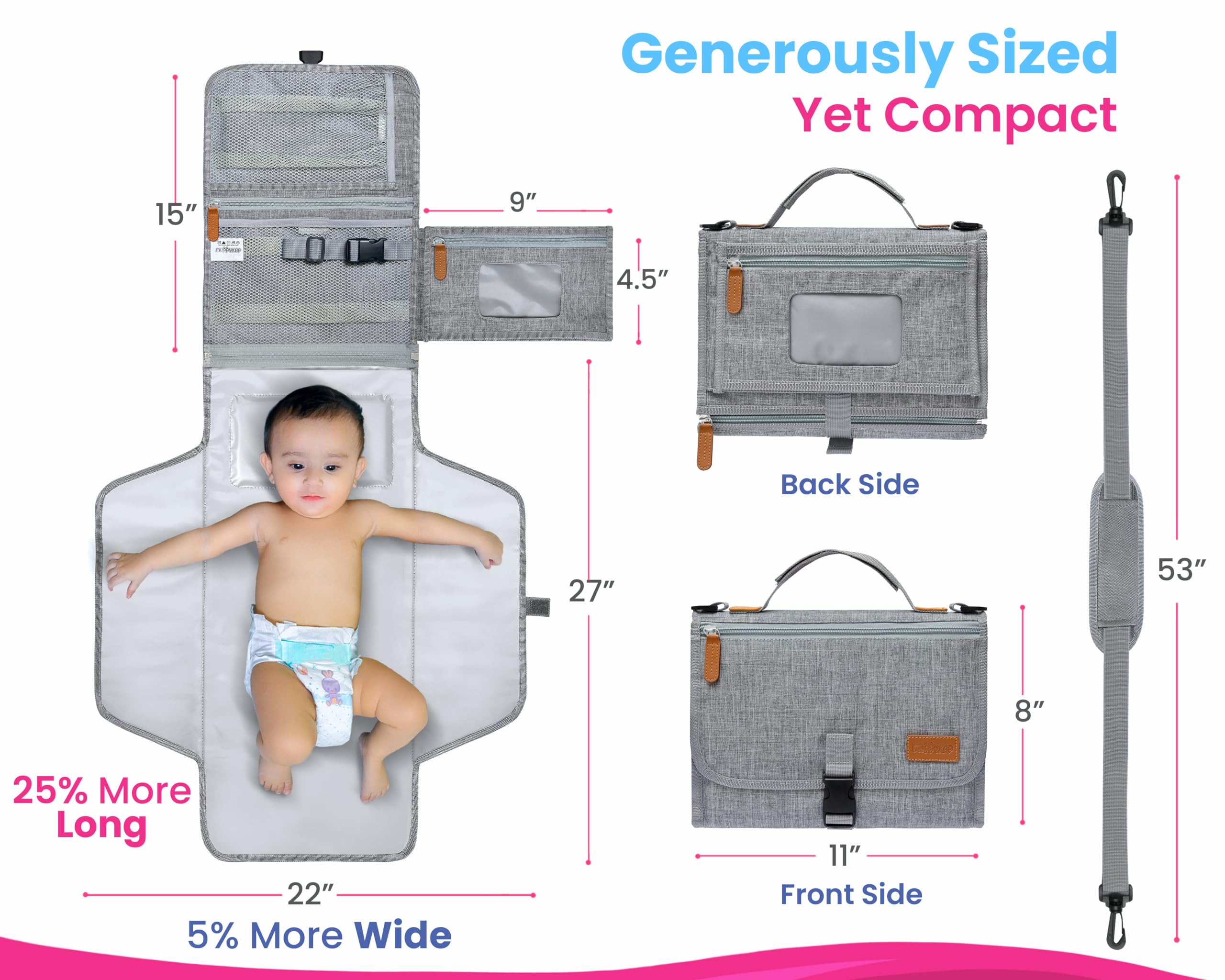 Portable Changing Pad with Shoulder Strap - Detachable Travel Changing Pad - Fully Padded, Lightweight & Waterproof - Diaper Changing Pad - Baby Shower Gifts - Changing Mat (27"x22")