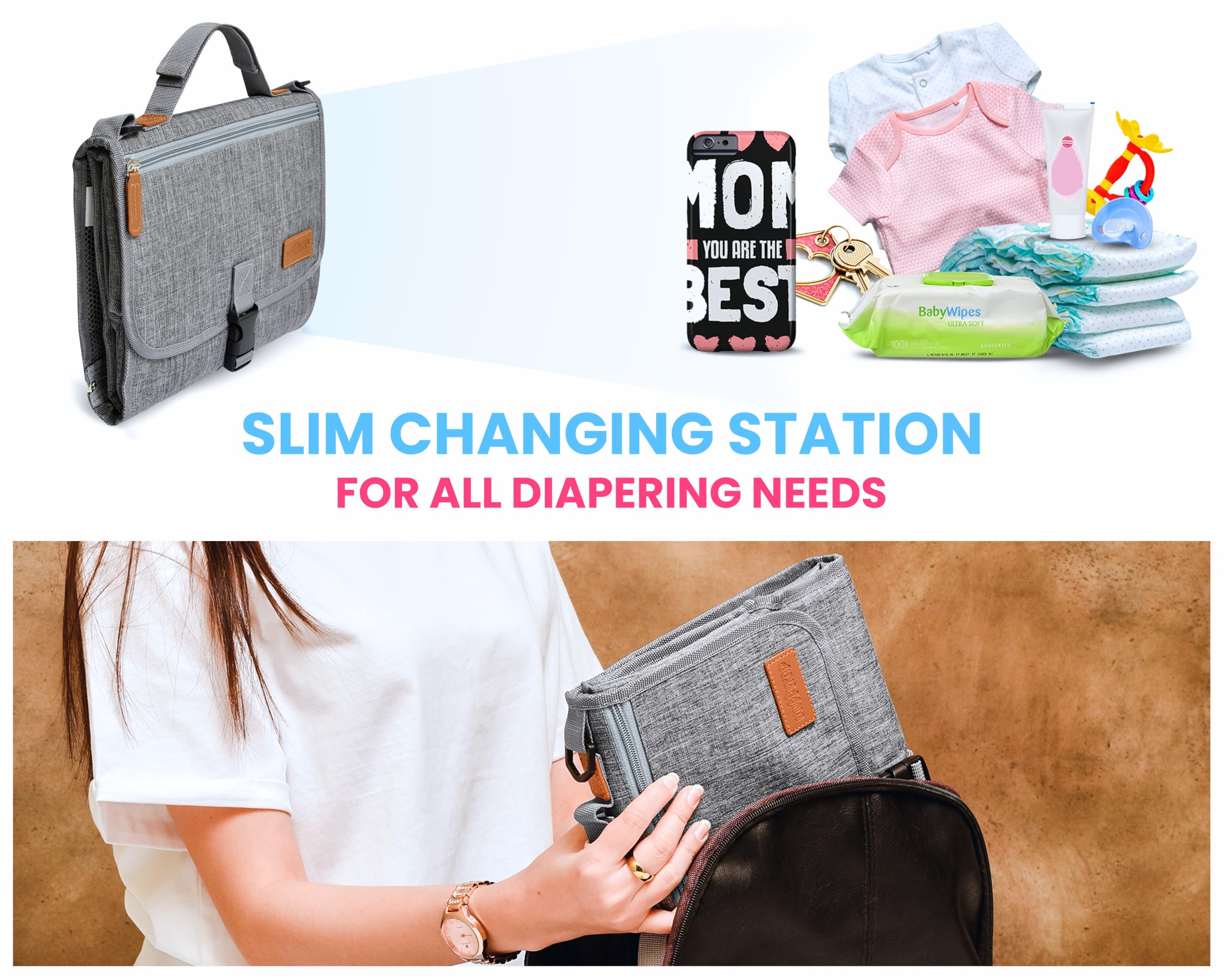 Portable Changing Pad with Shoulder Strap - Detachable Travel Changing Pad - Fully Padded, Lightweight & Waterproof - Diaper Changing Pad - Baby Shower Gifts - Changing Mat (27"x22")
