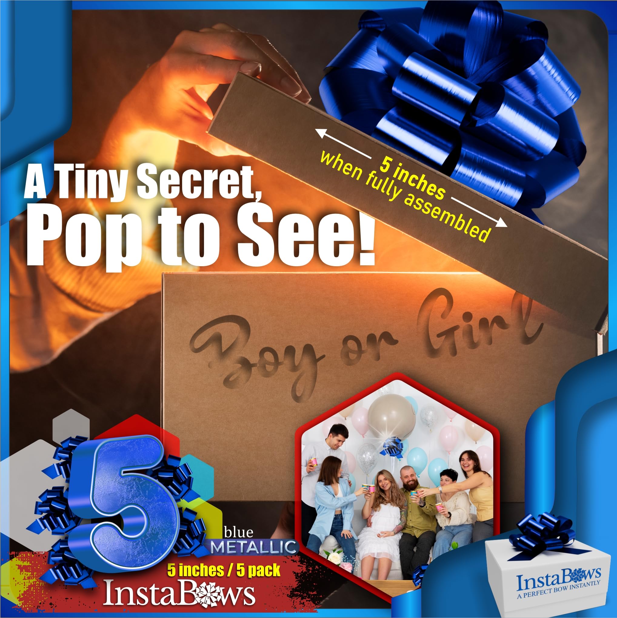 Insta Bows Pull String Large Gift Bows 5 Big Blue Gift Bows Perfect for Christmas and Birthday Presents Metallic Look and Shine 5 (Five) Pack of Big Bows That Measure 5 Inches Wide