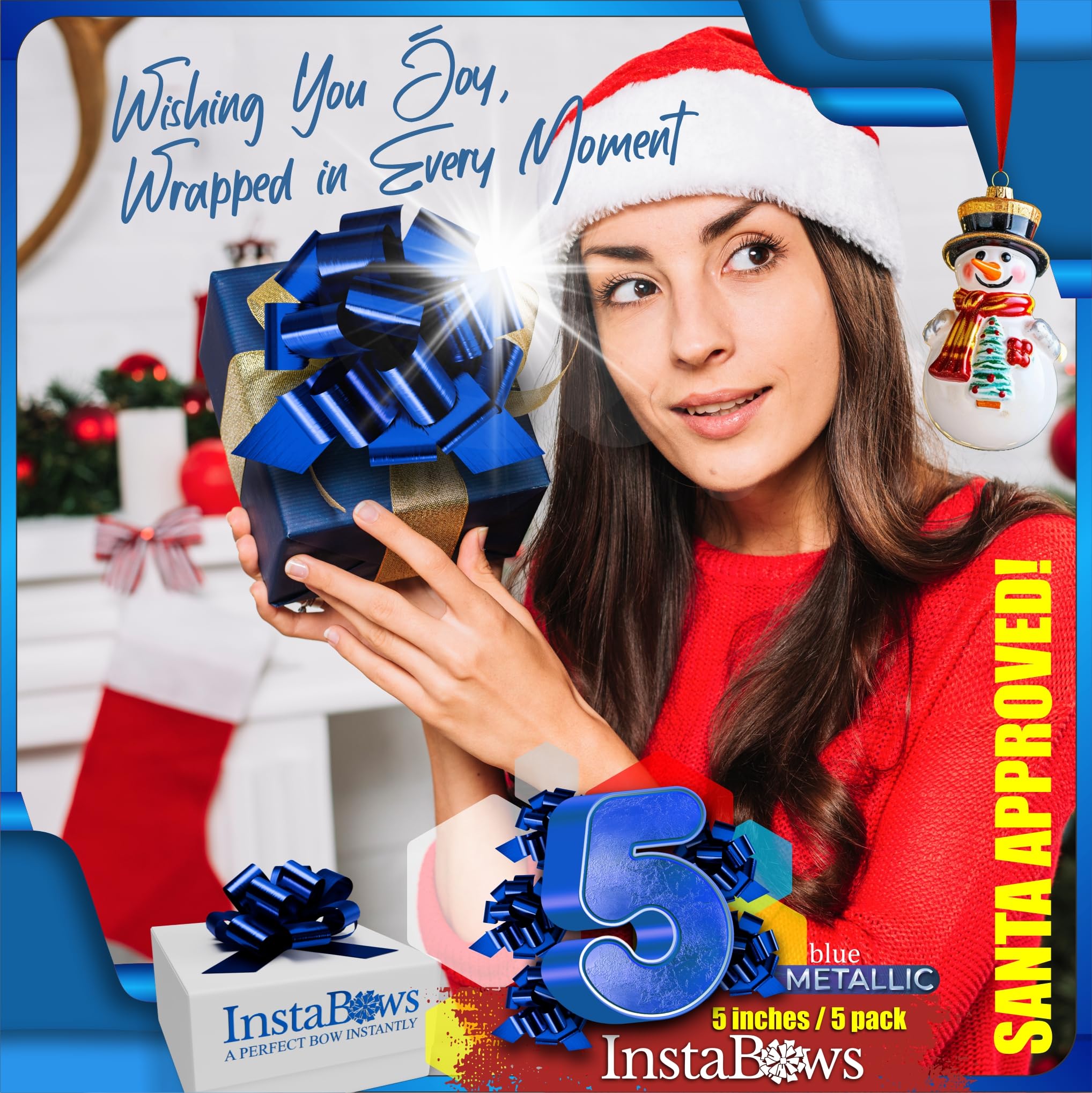 Insta Bows Pull String Large Gift Bows 5 Big Blue Gift Bows Perfect for Christmas and Birthday Presents Metallic Look and Shine 5 (Five) Pack of Big Bows That Measure 5 Inches Wide
