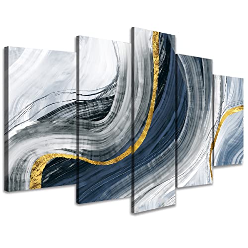 HW Hongwu Wall Art Canvas Abstract Print Picture 60x30 inch Blue Graffiti Paintings Gold Foil Line Artwork 5 Panels a Set for Living Room