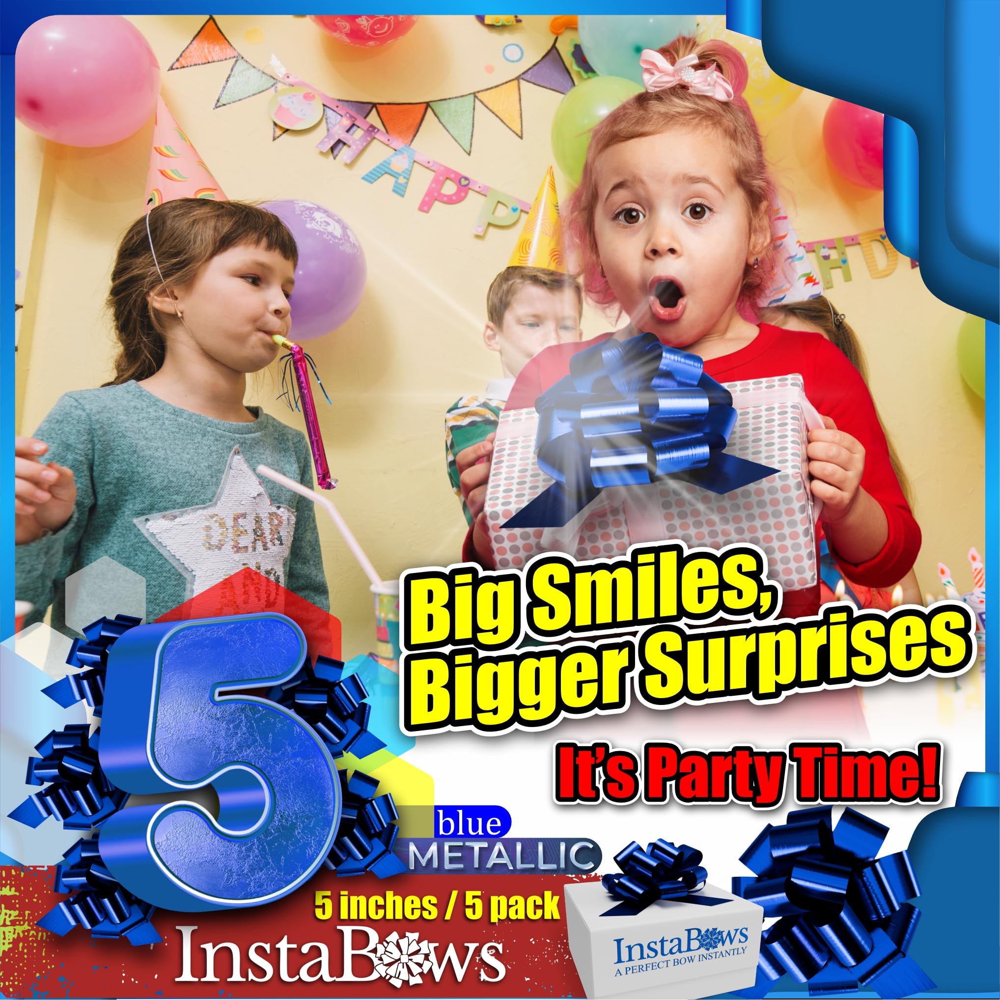 Insta Bows Pull String Large Gift Bows 5 Big Blue Gift Bows Perfect for Christmas and Birthday Presents Metallic Look and Shine 5 (Five) Pack of Big Bows That Measure 5 Inches Wide