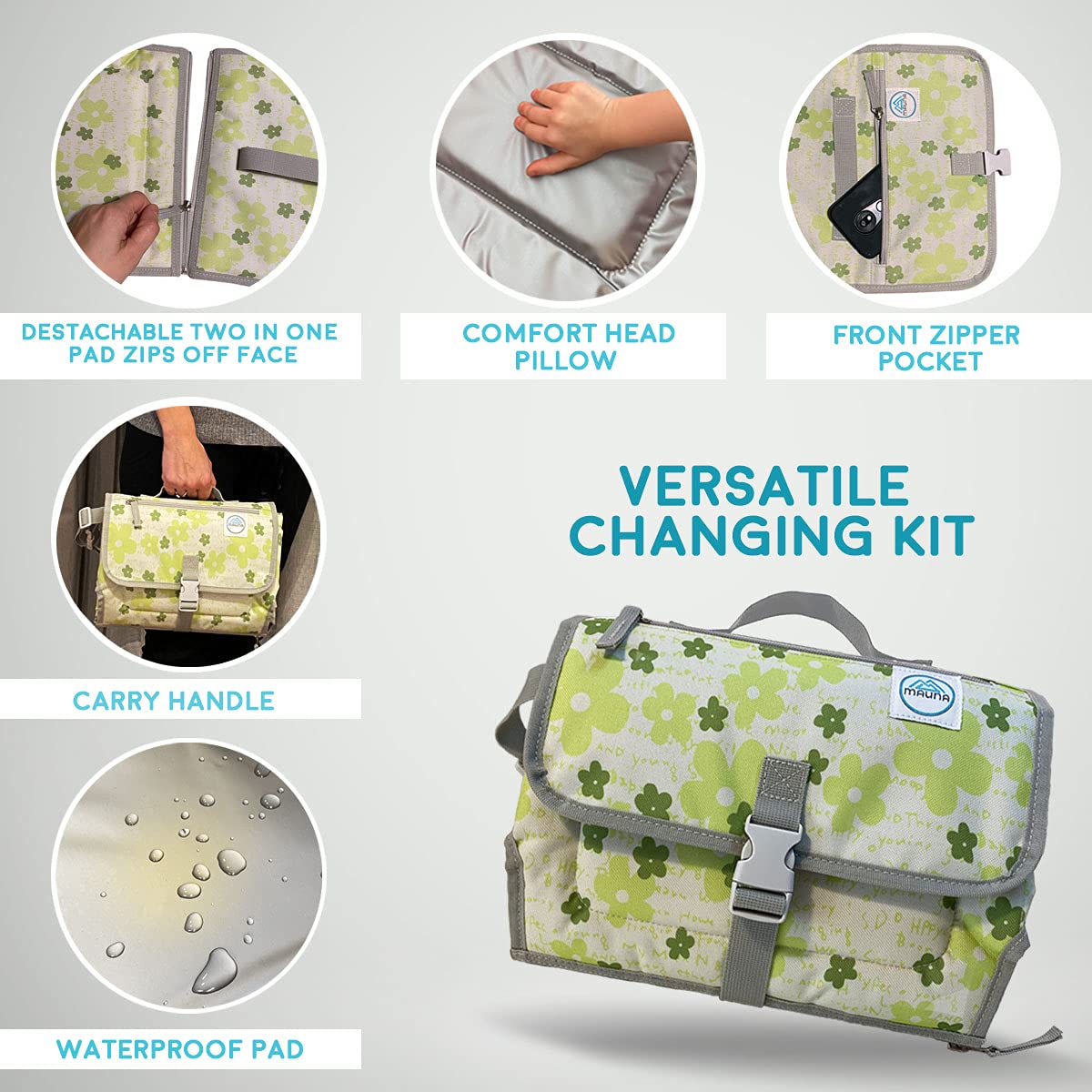 Mauna Baby Portable Changing Pad | Lightweight Travel Diaper Station Kit with Waterproof and Cushioned Pad | Foldable Pad with Pockets | Changing Organizer Bag (Flowers Green)