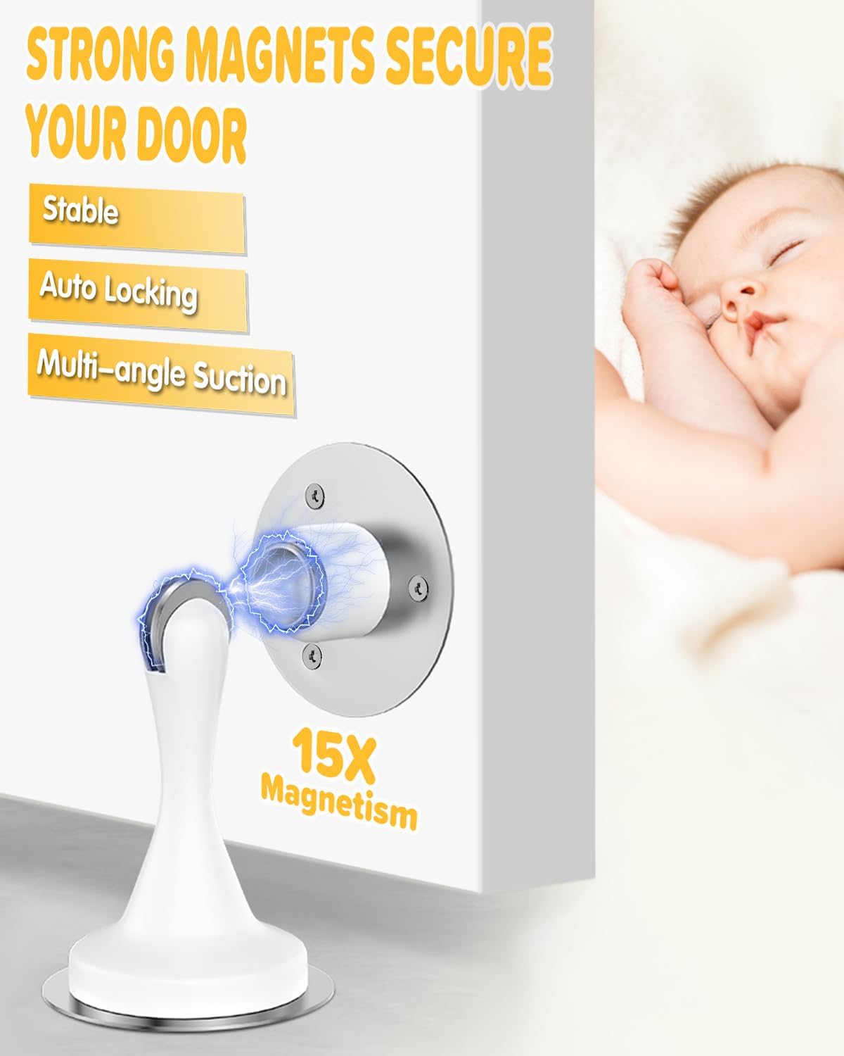 Door Stopper, 2 Pack Magnetic Door Stop White, Stainless Steel Door Catch, 3M Double-Sided Self Adhesive Tape, Door Holder Doorstop, No Drilling, Keep Your Door Open
