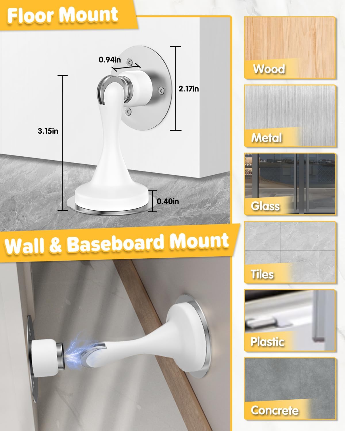 Door Stopper, 2 Pack Magnetic Door Stop White, Stainless Steel Door Catch, 3M Double-Sided Self Adhesive Tape, Door Holder Doorstop, No Drilling, Keep Your Door Open