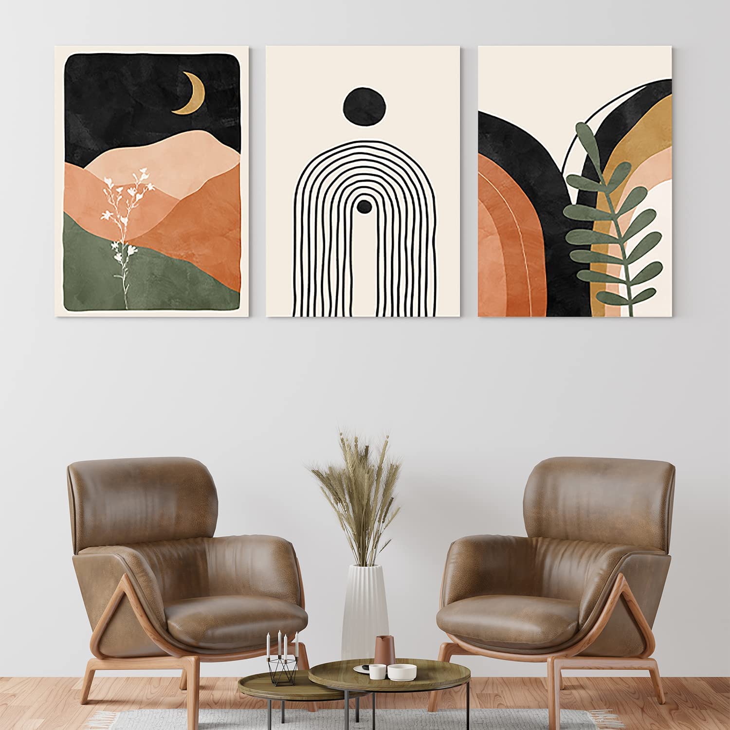 GUBIYU Set Of 3 Boho Wall Decor Mid Century Modern Bedroom Wall Art Minimalist Bathroom Decor Gallery Art Neutral Abstract Geometric Wall Art Prints Canvas Boho Room Decor Black Beige Orange 16"x24"
