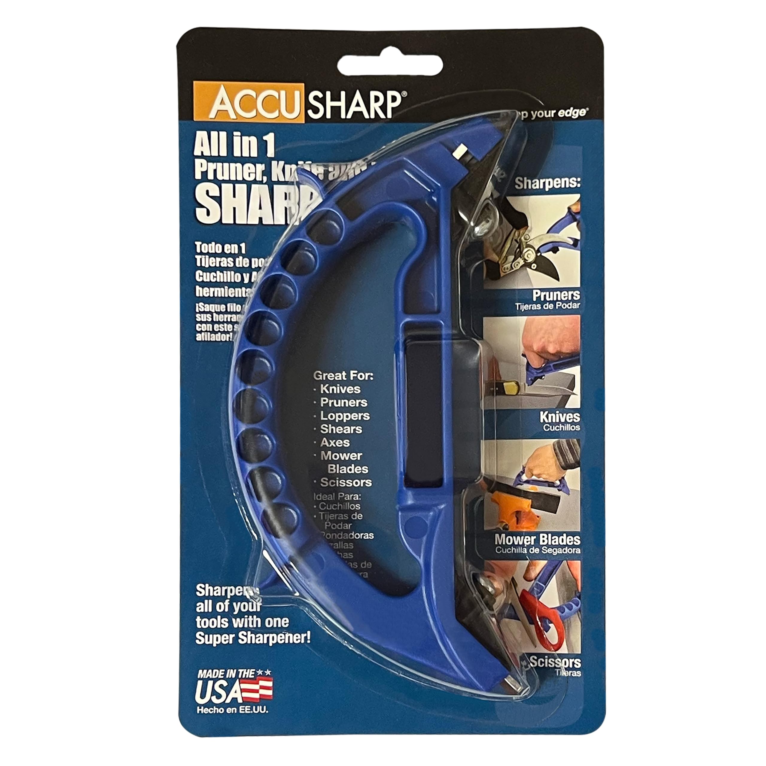 AccuSharp All-in-One Sharpener, All Purpose Sharpener for Knives, Scissors, Garden Tools, Sharpens & Restores Serrated Knives, Cleavers, Axes, Machete, Blue