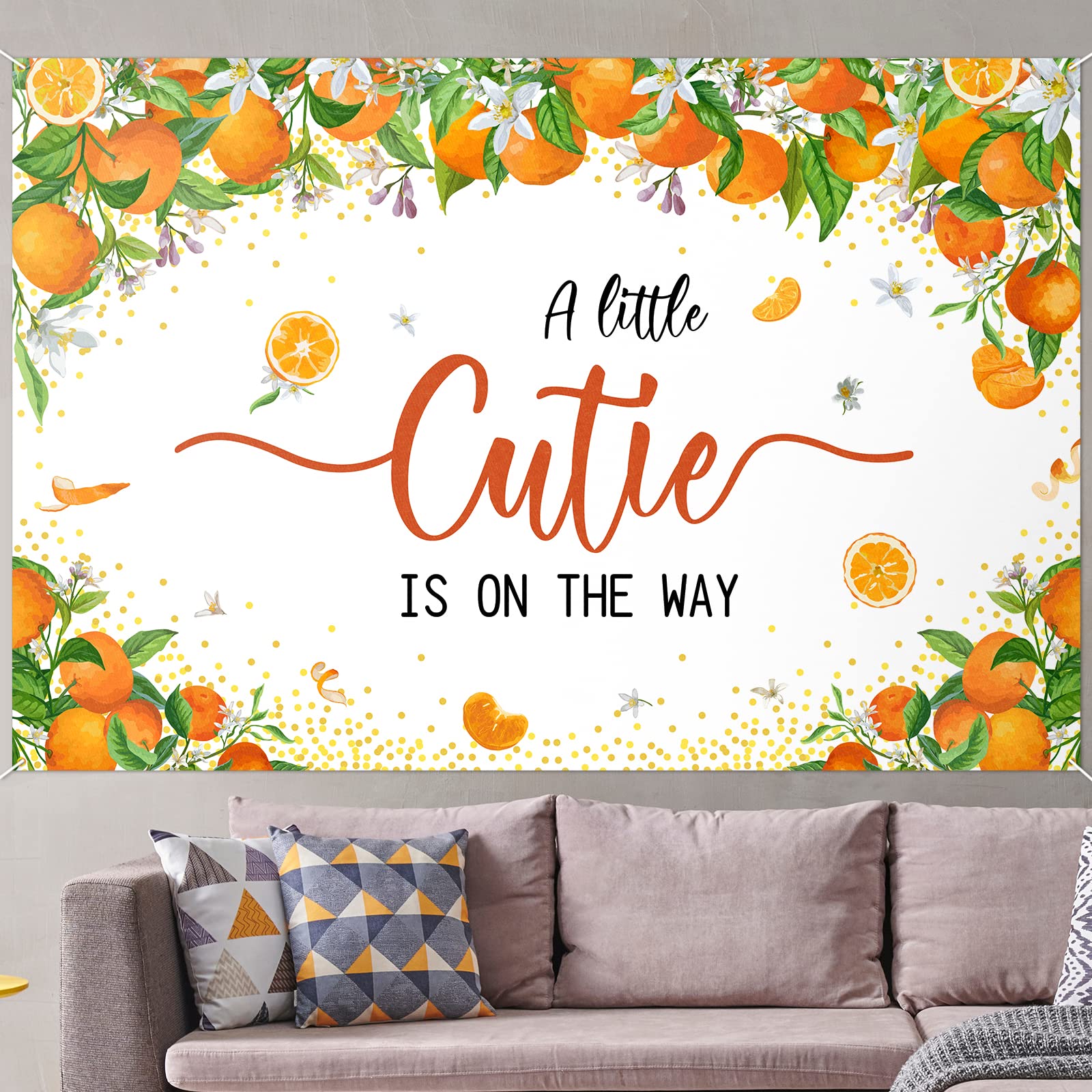 A Little Cutie is on the Way Backdrop Banner Decor White - Orange Baby Shower Party Theme Decorations for Newborn Baby Birthday Supplies, 3.9 x 5.9 ft