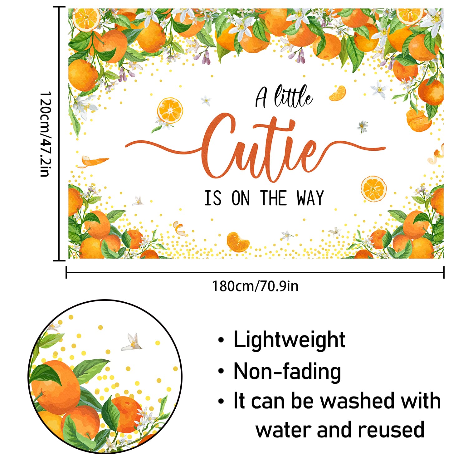 A Little Cutie is on the Way Backdrop Banner Decor White - Orange Baby Shower Party Theme Decorations for Newborn Baby Birthday Supplies, 3.9 x 5.9 ft