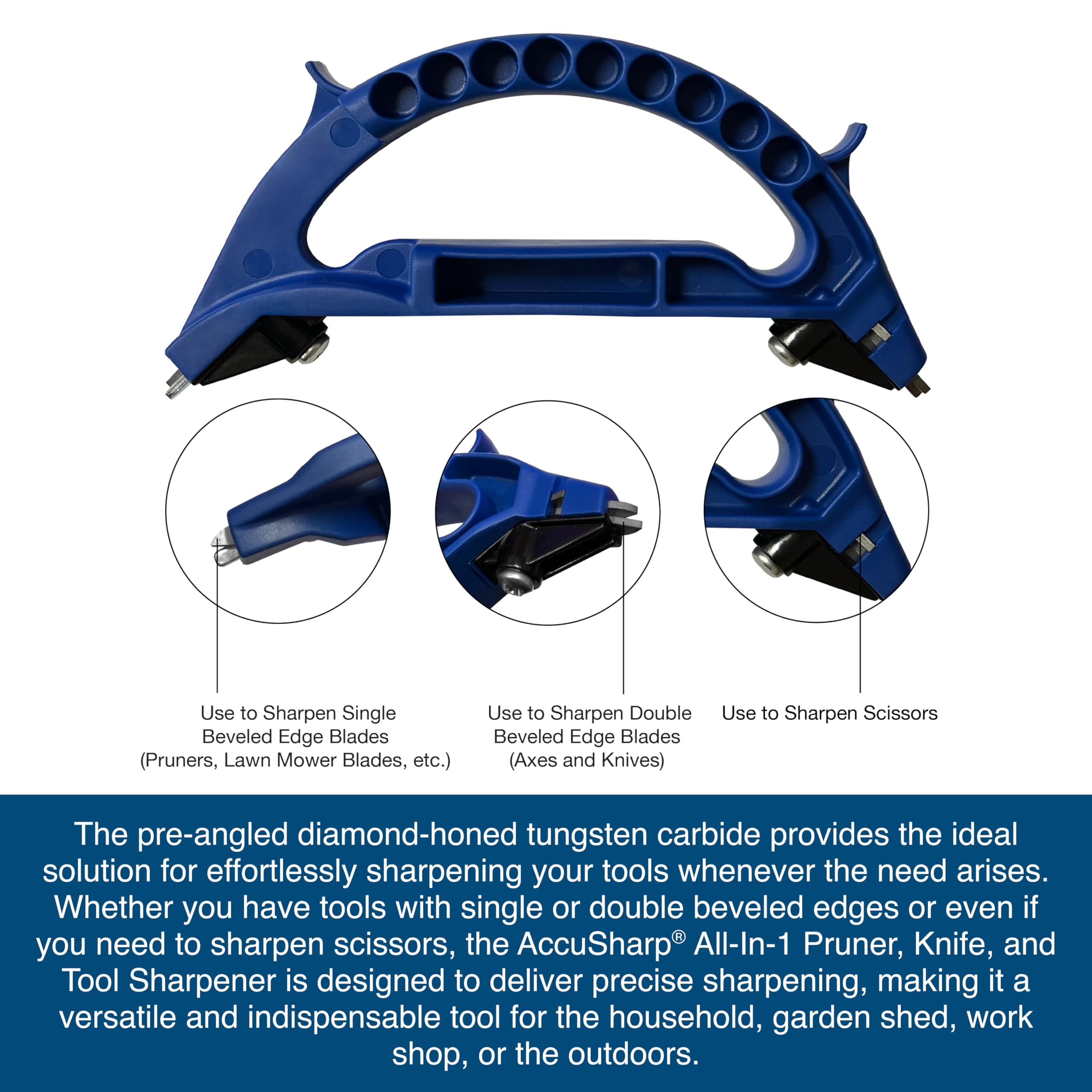 AccuSharp All-in-One Sharpener, All Purpose Sharpener for Knives, Scissors, Garden Tools, Sharpens & Restores Serrated Knives, Cleavers, Axes, Machete, Blue
