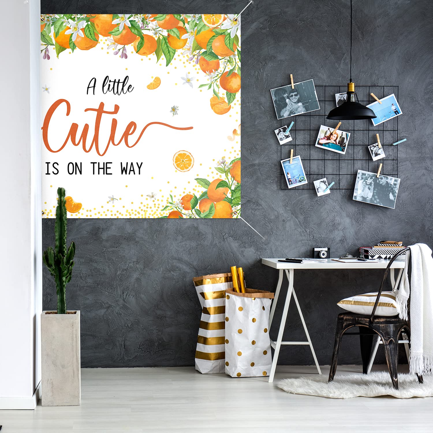 A Little Cutie is on the Way Backdrop Banner Decor White - Orange Baby Shower Party Theme Decorations for Newborn Baby Birthday Supplies, 3.9 x 5.9 ft