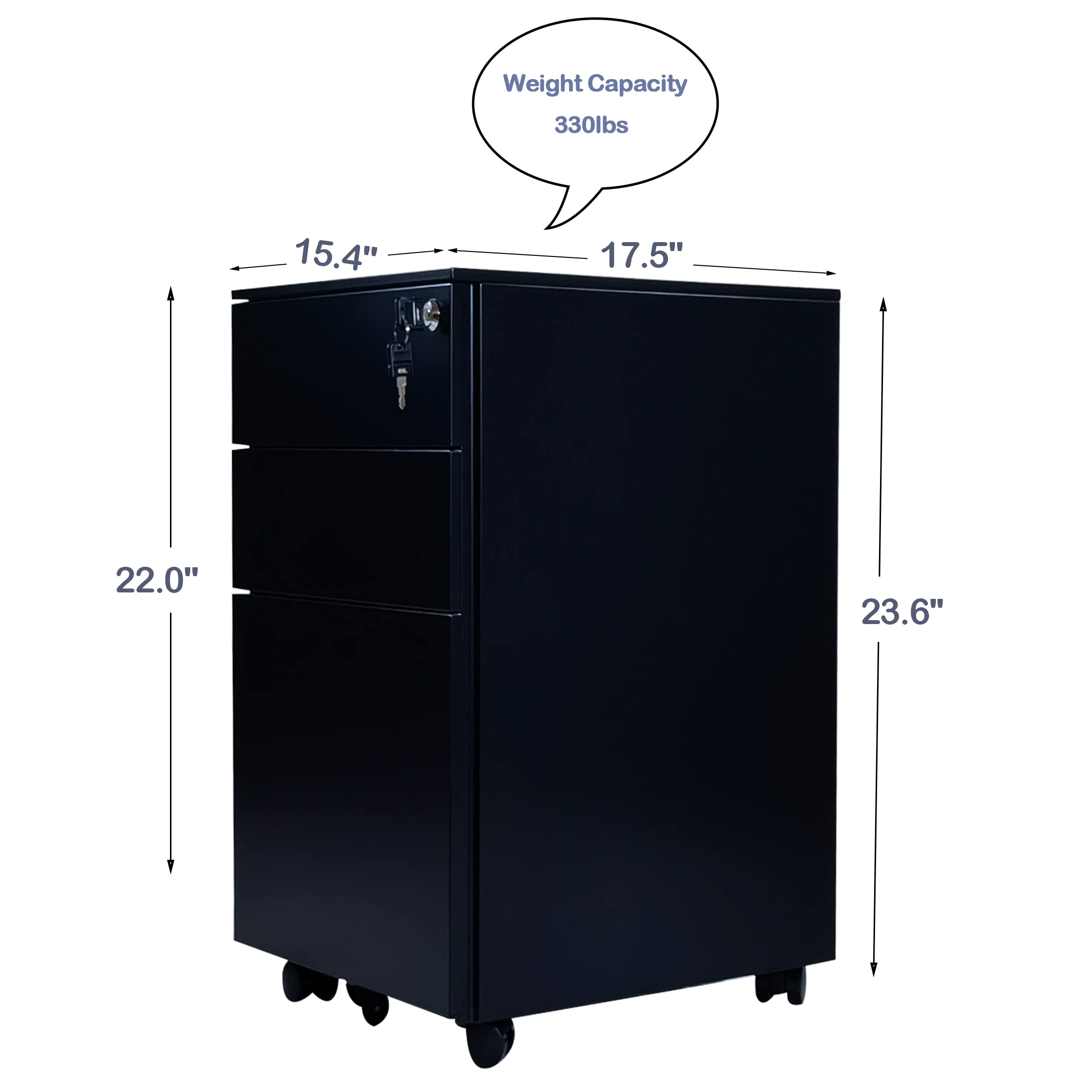 Sanoolir Locking File Cabinet 3 Drawer, Mobile File Cabinet on Wheels Under Desk fits Legal/Letter/A4 Size for Home/Office (Black)