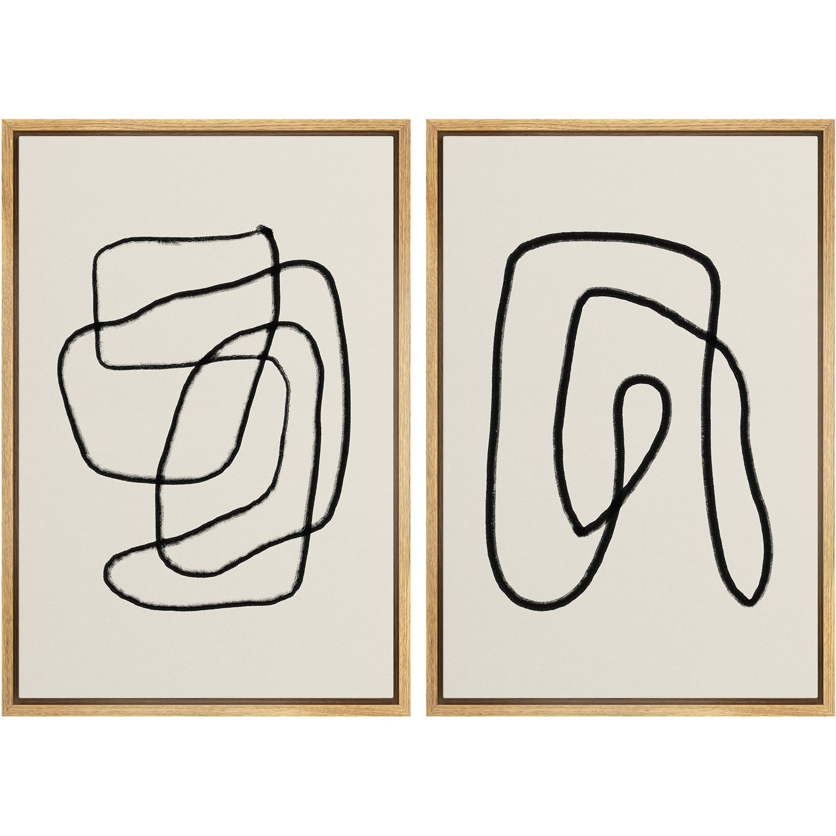 SIGNWIN Framed Wall Art Print Set Black Lines Over Tan Plain Background Abstract Swirly Cozy Neutral Modern Art Mid-Century Modern Expressive for Living Room, Bedroom, Office - 16"x24"x2 Panels