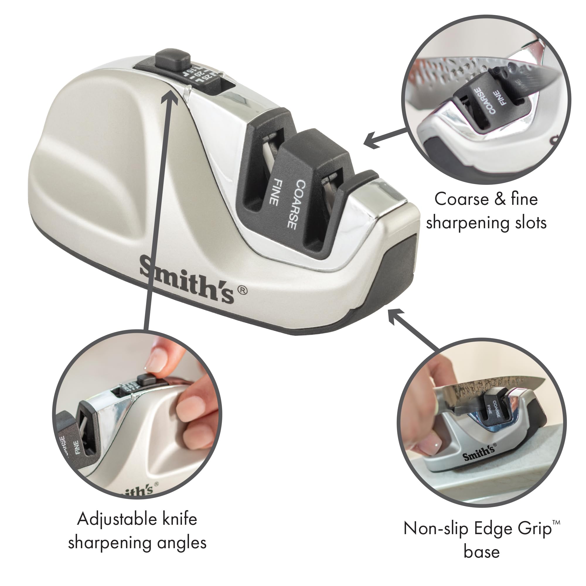 Smith's 51023 Adjustable Diamond Edge Grip Sharpener - Grey - Coarse & Fine Sharpeners - Compact - Stable Non-Slip Base – Pull Through Knife Sharpener