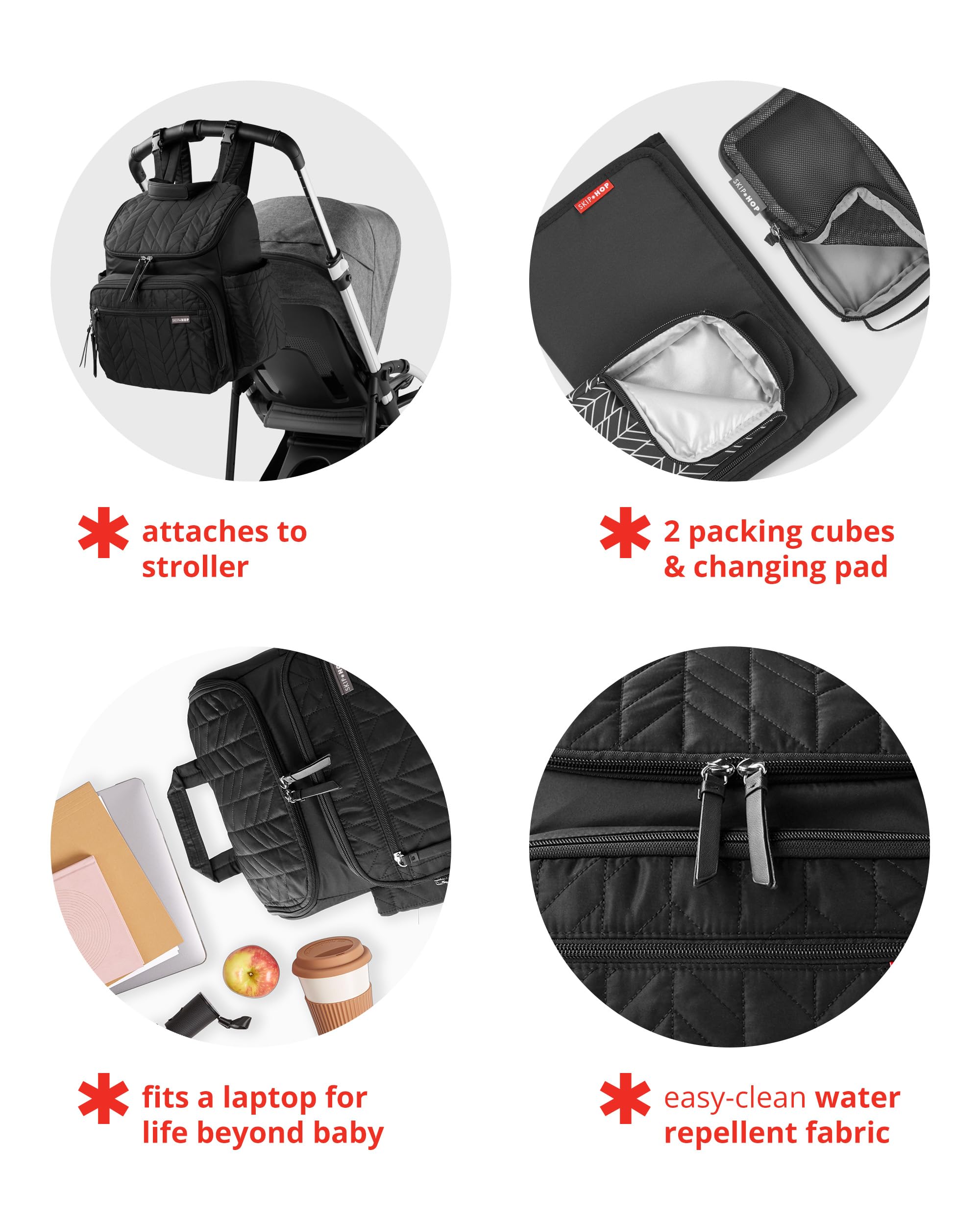 Skip Hop Diaper Bag Backpack: Forma, Multi-Function Baby Travel Bag with Changing Pad & Stroller Attachment, Jet Black