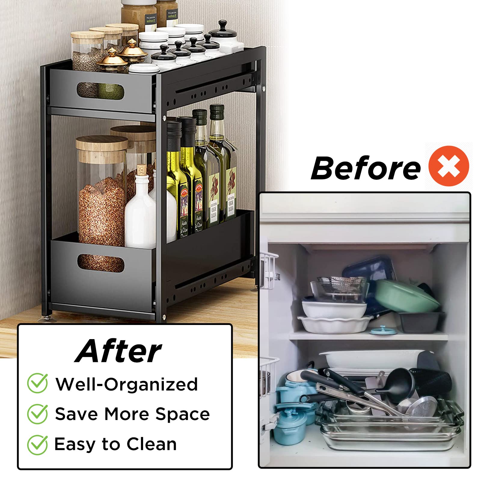 Ganggend 2 Tier Under Sink Organizer, 9.25" L x 11.81" W x 16.53" H Bathroom Organizer Cabinet Storage with Pull Out Drawers, Under The Sink Organizer For Bathroom, Living Room, Kitchen Black