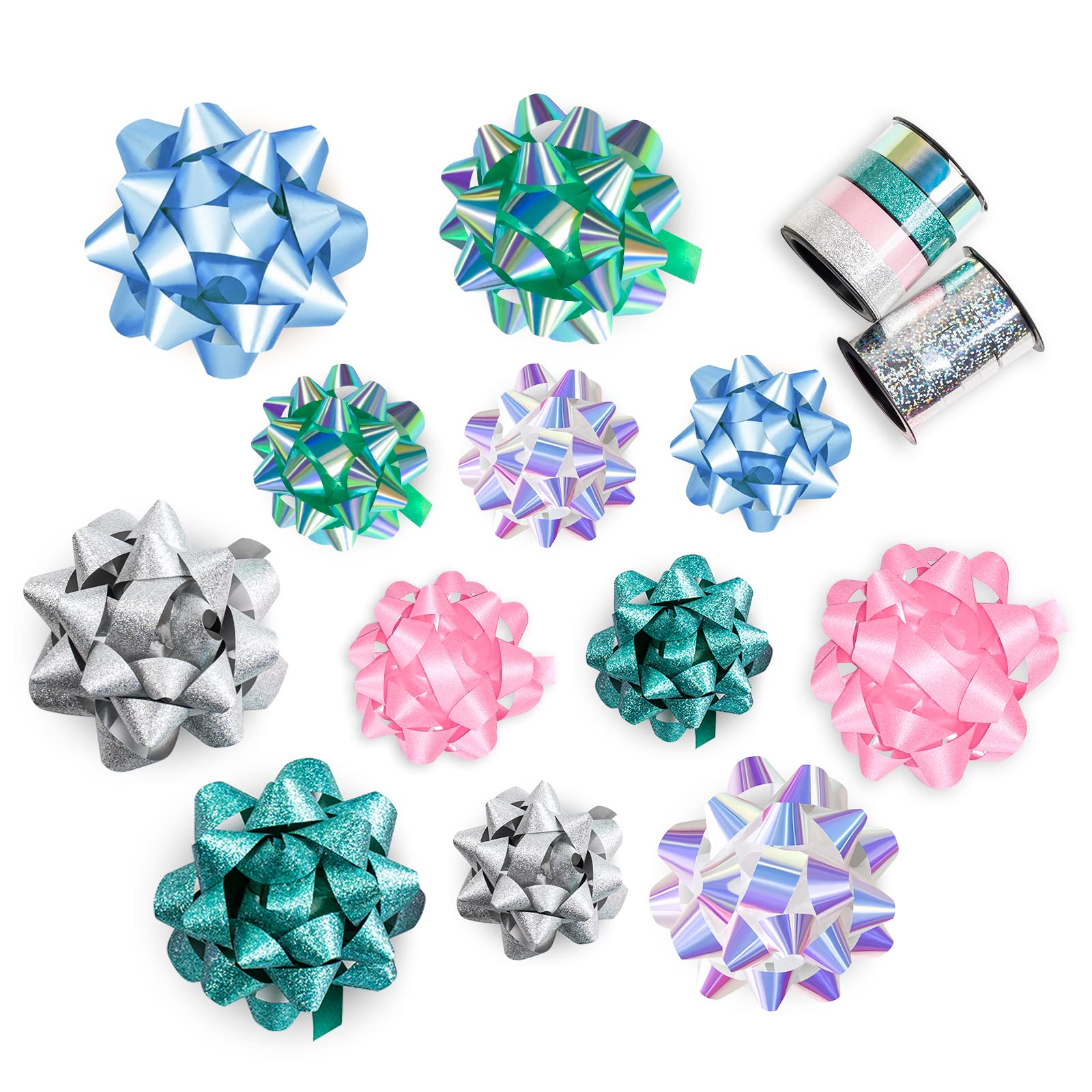 WRAPAHOLIC 14 Pcs Gift Bows Assortment - 12 Multi Colored Assorted Size Gift Bows (Silver, Green, White, Pink, Blue) and 2 Crimped Curling Ribbons, Perfect for Christmas, Holiday, Party
