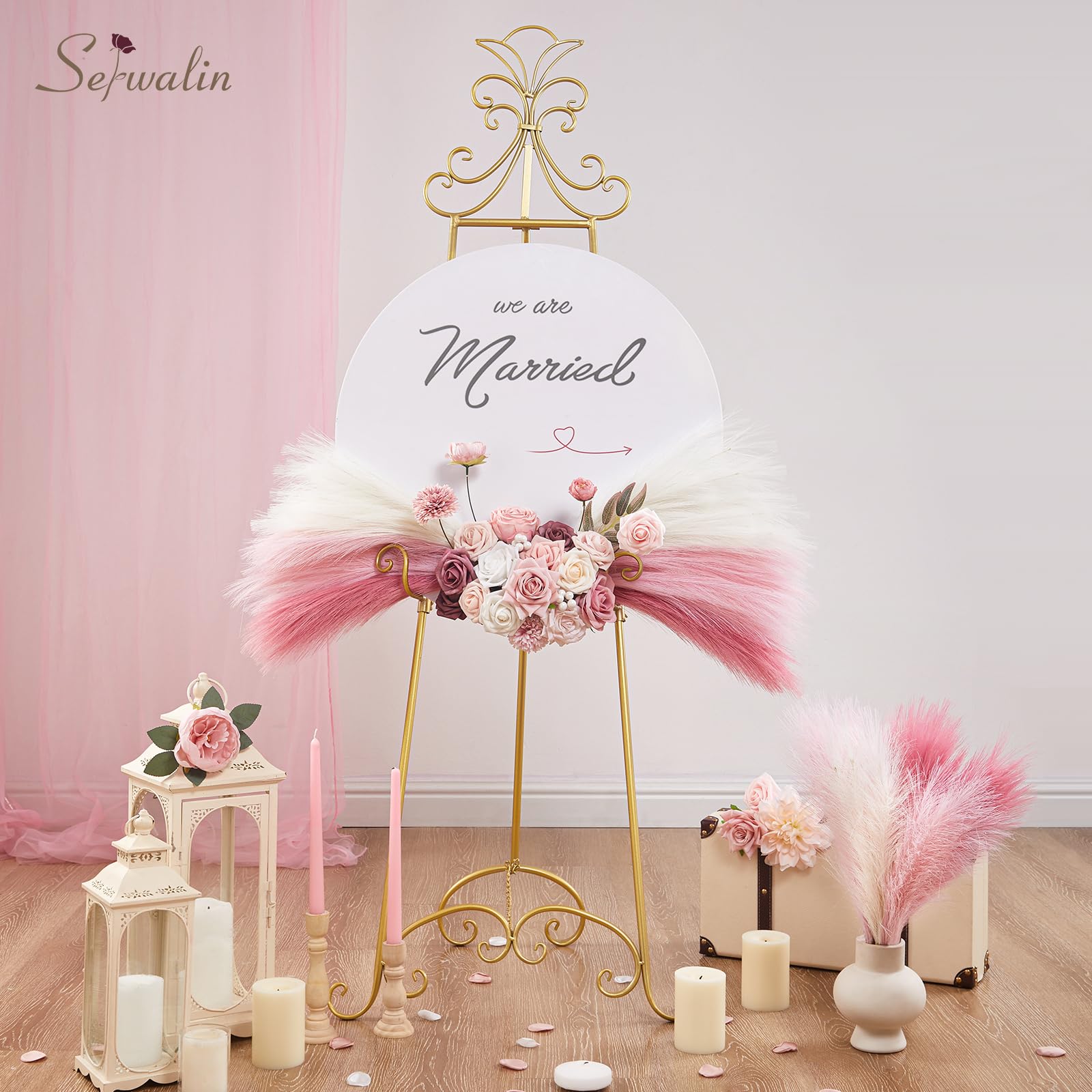 Serwalin Pampas Grass Pink 17.7 Inch 6pcs, Artificial Pampas Grass Faux Pink Pompas Grass Decor, Short Pompous Grass Blush Room Decoration, Wedding Party Centerpieces Valentine Mothers Day