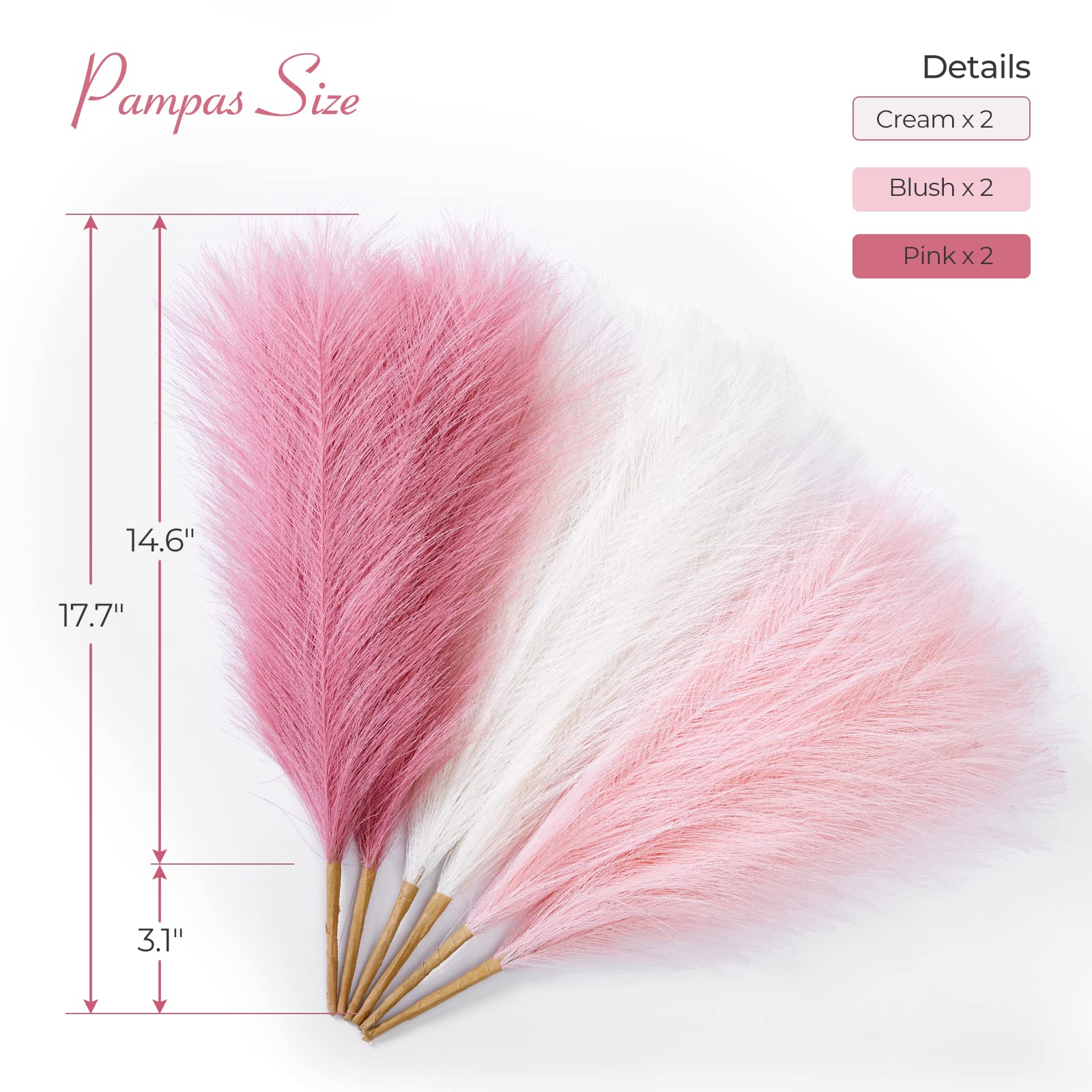 Serwalin Pampas Grass Pink 17.7 Inch 6pcs, Artificial Pampas Grass Faux Pink Pompas Grass Decor, Short Pompous Grass Blush Room Decoration, Wedding Party Centerpieces Valentine Mothers Day