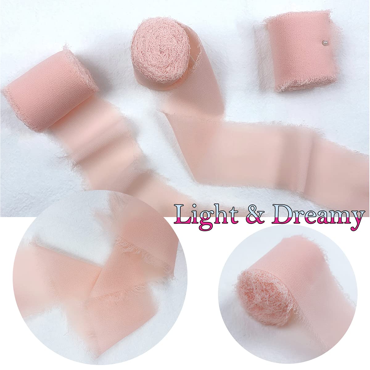 Blush Pink Chiffon Ribbon 3 Rolls Frayed Chiffon Silk Ribbons for Bouquets, Wedding, Gift Wrapping 2"x 5.5 Yd