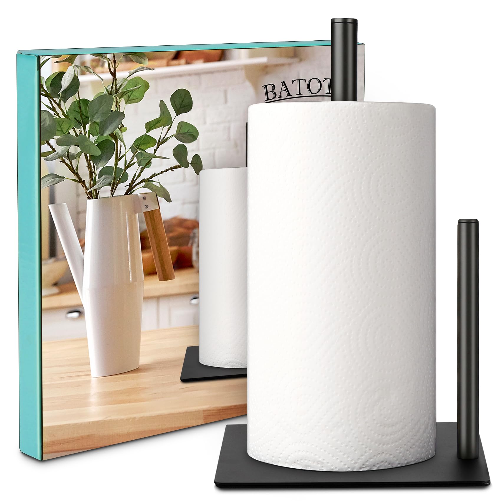 Paper Towel Holder Countertop, Kitchen Paper Towels Holder Stand, Black Paper Towel Holder Stand, Kitchen Towel Holder for Large Size Rolls by Batoto (Black)