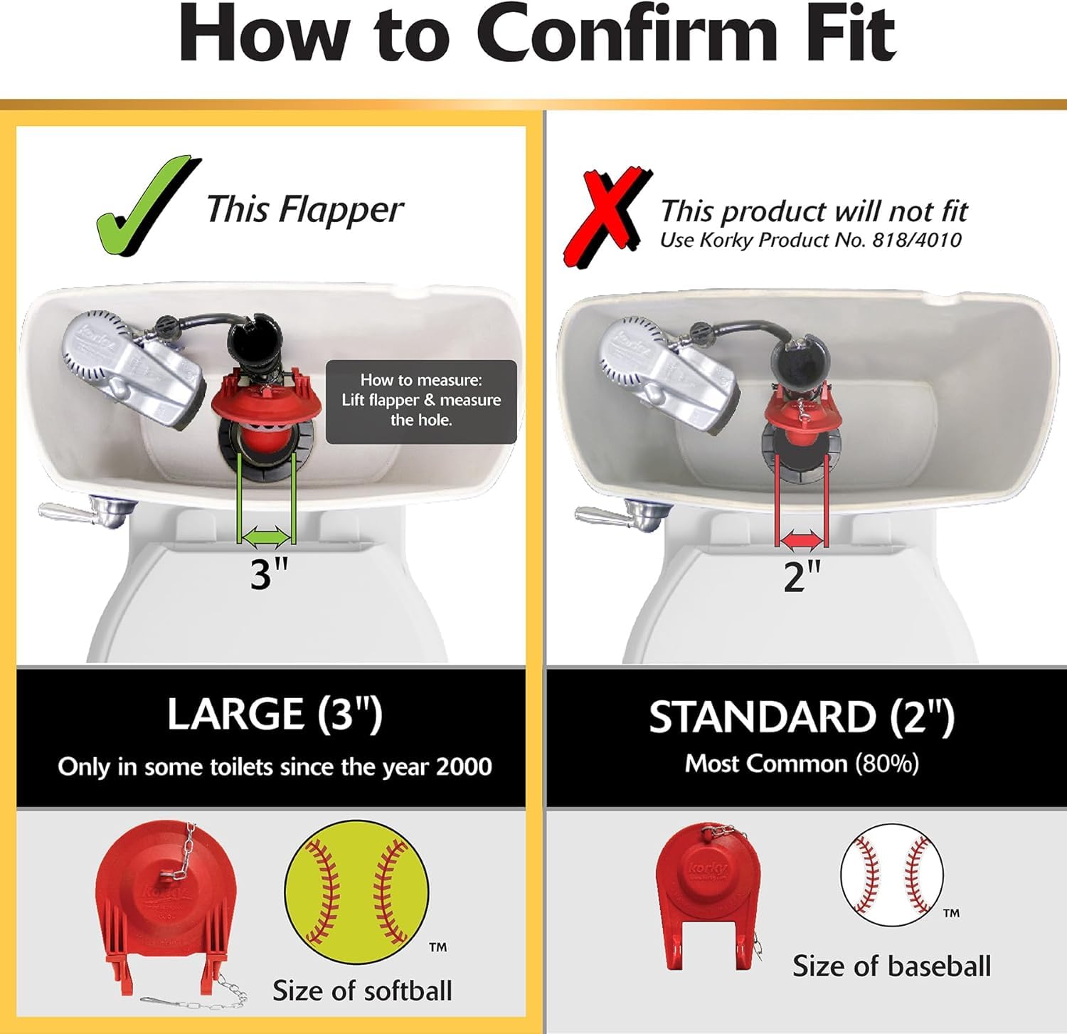 Korky 3060BP Universal Toilet Flapper Replaces Most Large 3-Inch Flappers - Long Lasting Rubber - Easy to Install - Made in USA