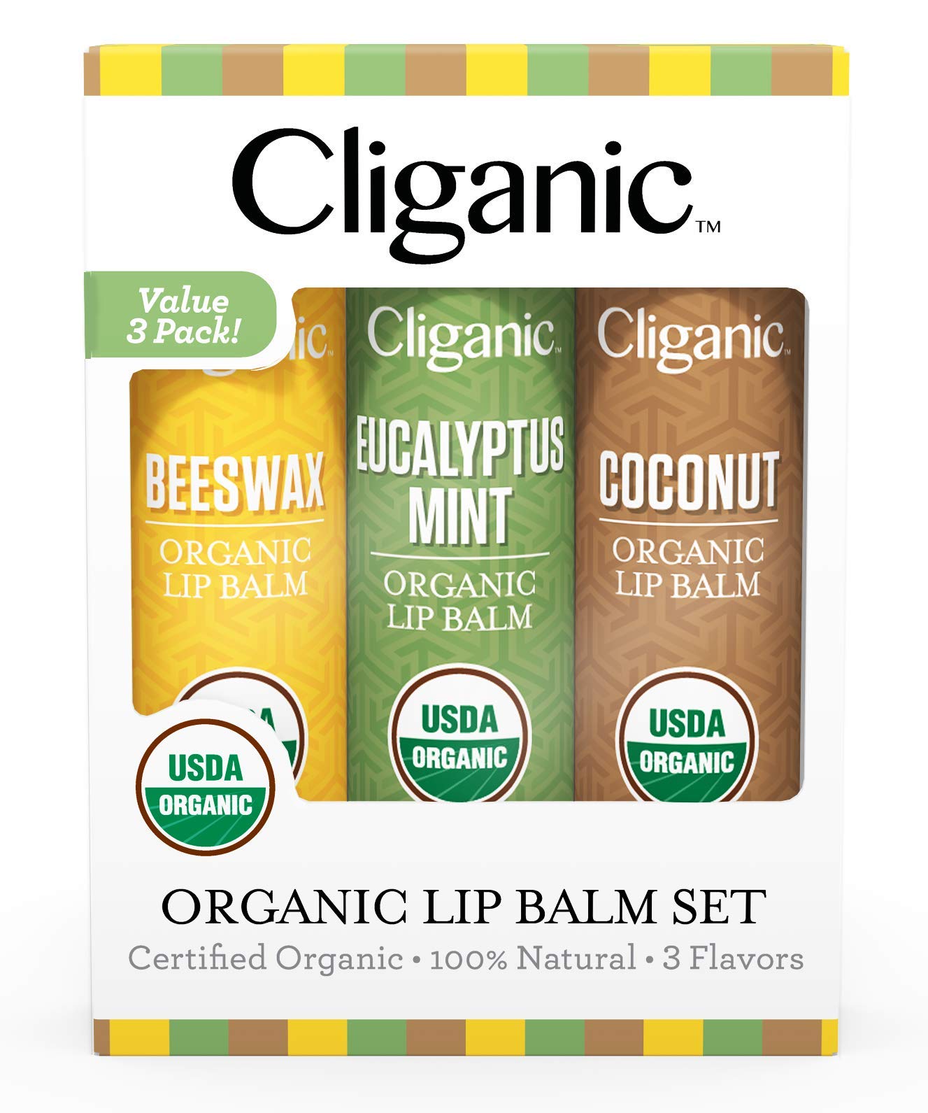 Cliganic USDA Organic Lip Balm Set - 3 Flavors - 100% Natural Moisturizer for Cracked & Dry Lips