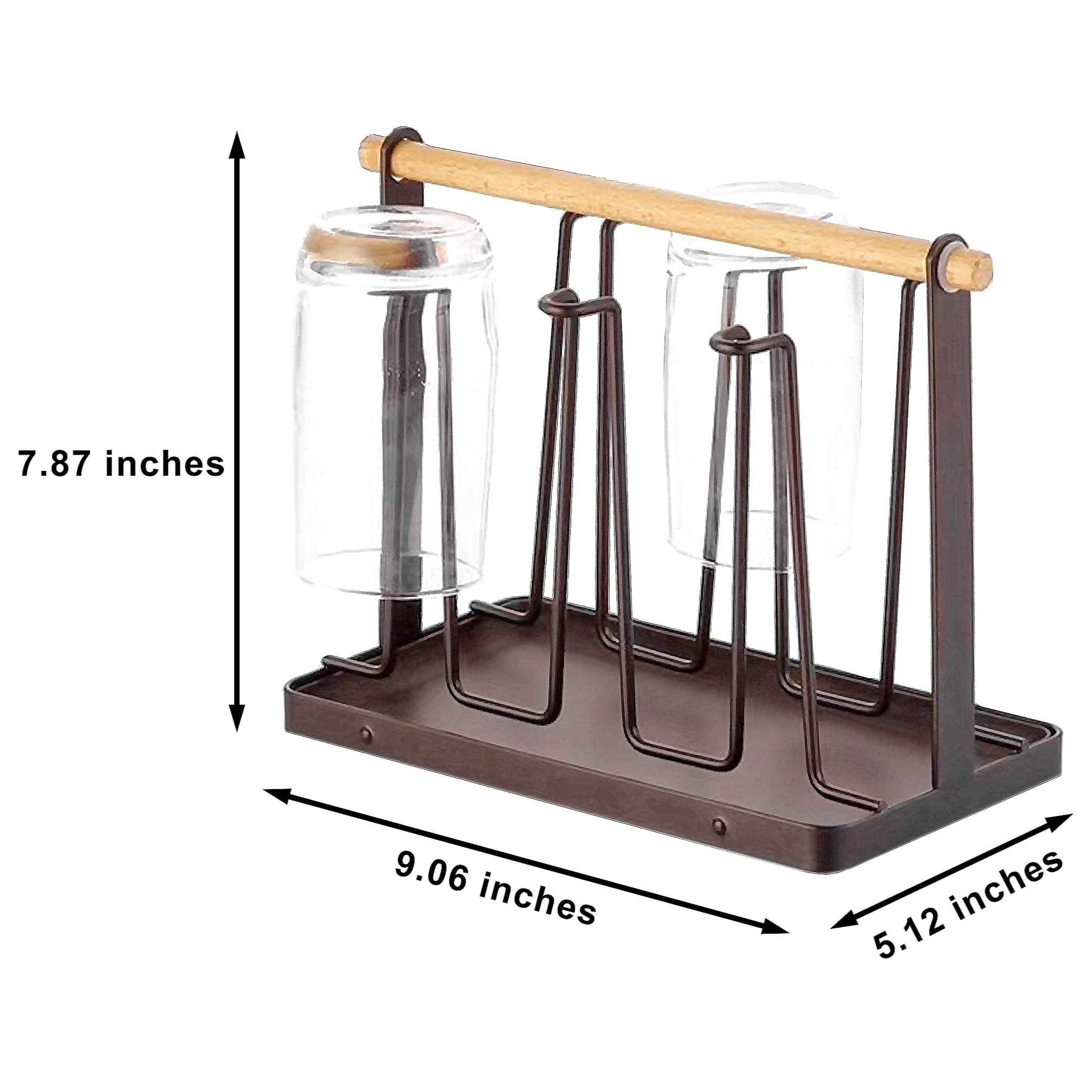 BYFU Cup Drying Rack Stand with Drain Tray, Metal Bottle Drying Organizer with Wood Handle for 6 Cups or Mugs