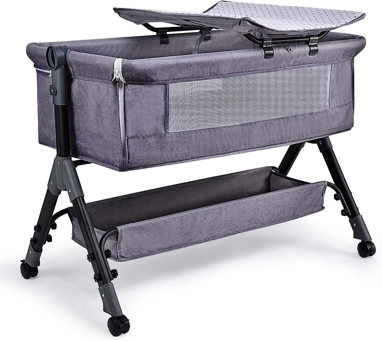 Bellababy Bedside Bassinet, Bedside Sleeper, Bedside Crib with Changing Table, Easy Folding Portable Crib, Adjustable Portable Bed for Infant/Newborn (Dark Grey)