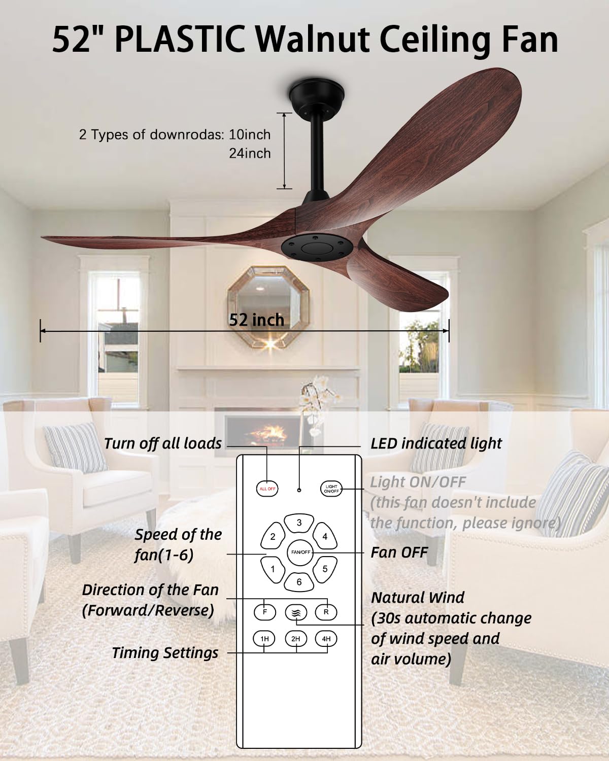 KASASS Outdoor Ceiling Fan, 52 Inch Remote Control Ceiling Fan, Indoor Ceiling Fan,Modern Classic Ceiling Fan for Kitchen, Bedroom, Living Room, Farmhouse, Patio (Walnut Color)